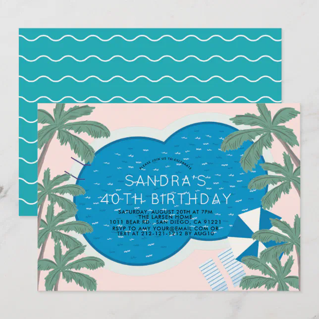 Palm Springs Pool Party Pink Adult Birthday Invitation | Zazzle
