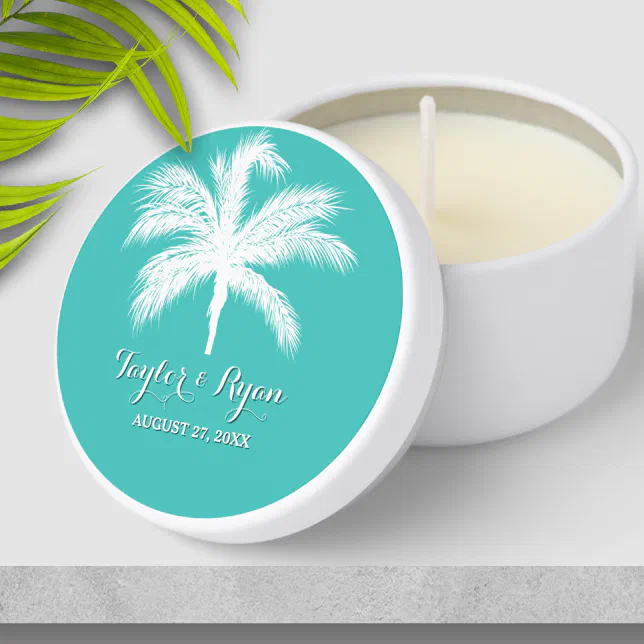 Palm Tree Aqua Wedding Mini Candle Favors | Zazzle