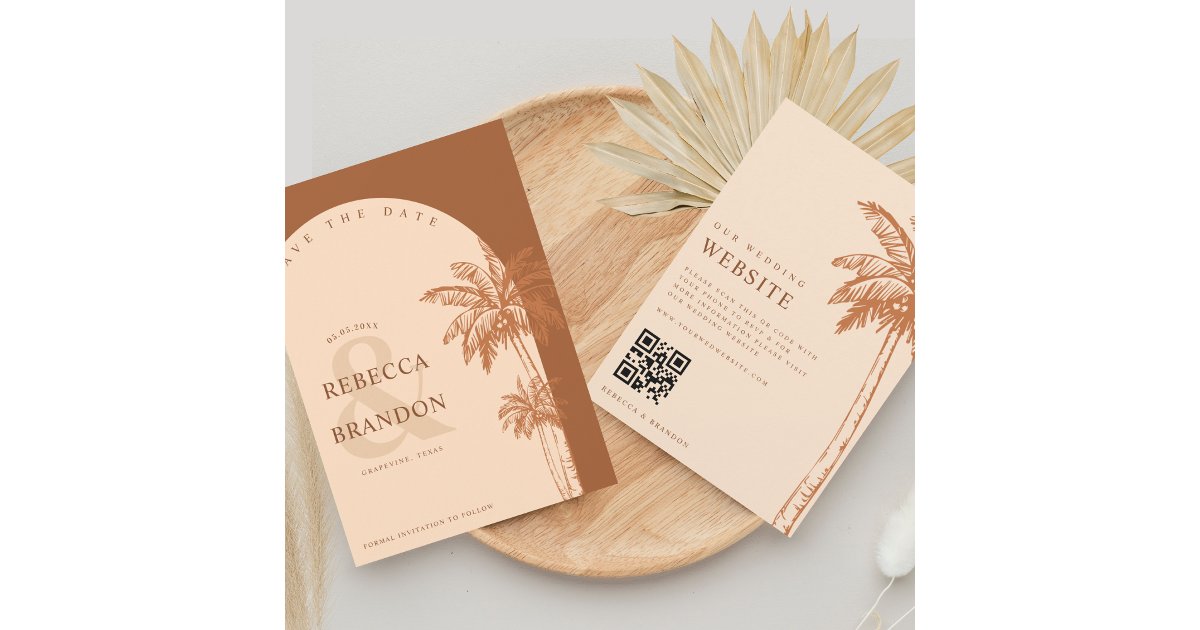 Palm Tree Boho Beach Terracotta QR Code Wedding Save The Date | Zazzle