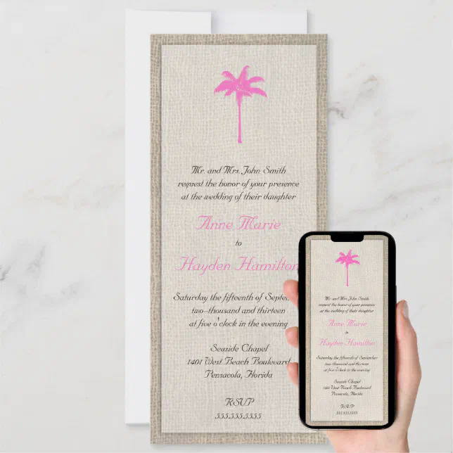 Palm Tree & Burlap Wedding Invitation - Pink | Zazzle