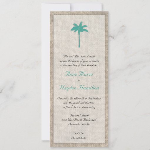 Palm Tree & Burlap Wedding Invitation - Turquoise | Zazzle