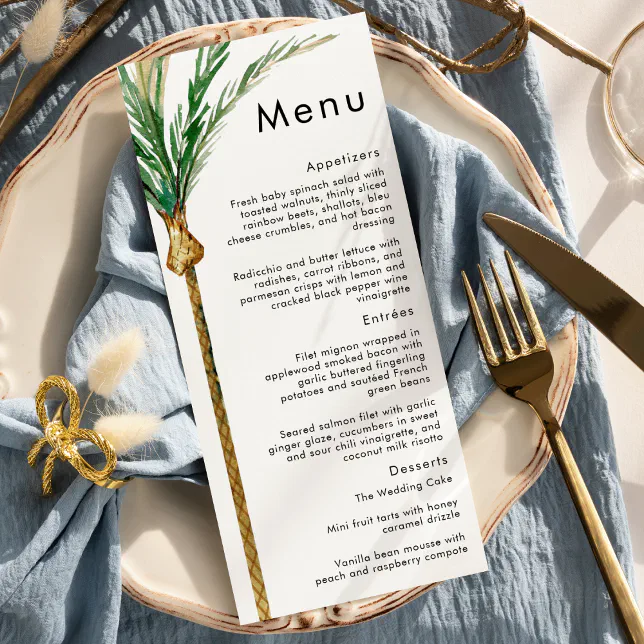 Palm Tree Destination Wedding Flat Menu | Zazzle