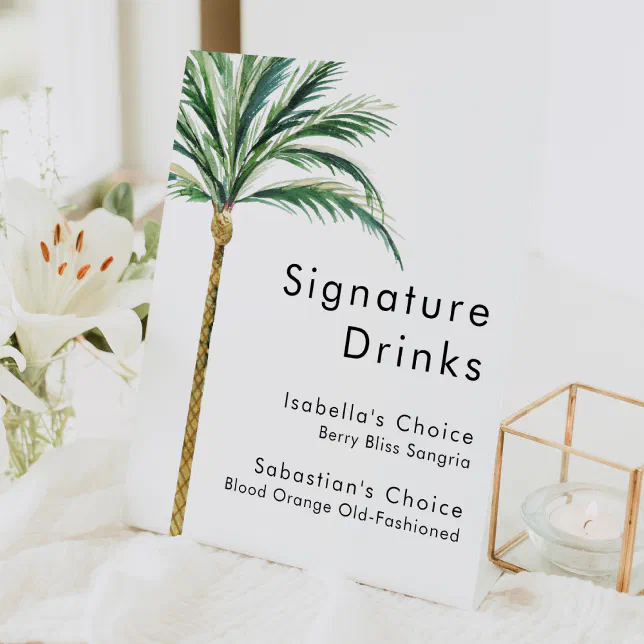 Palm Tree Destination Wedding Signature Drinks Pedestal Sign | Zazzle