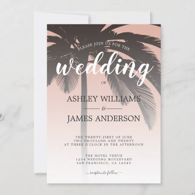 Palm Tree Dusty Pink Beach Wedding Invitation | Zazzle