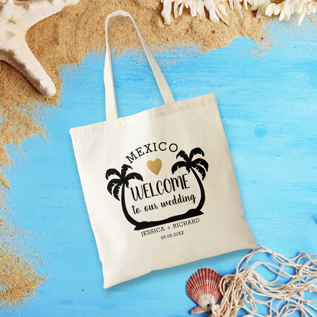 Palm Tree Heart Mexico Destination Wedding Welcome Tote Bag | Zazzle