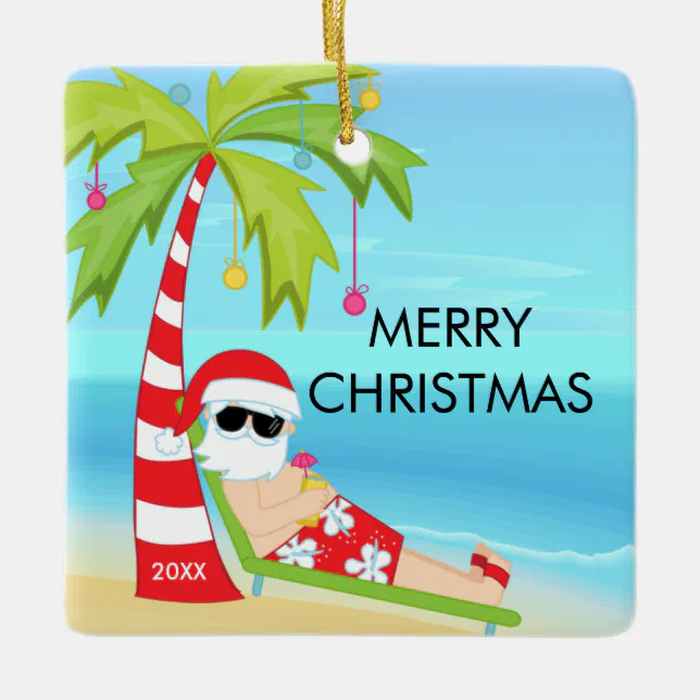 Palm Tree Relaxing Santa Tropical Christmas Ceramic Ornament | Zazzle