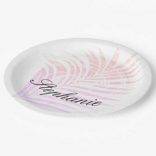 Palm Tree Tropical Pink Patterns Custom Name Paper Plates | Zazzle