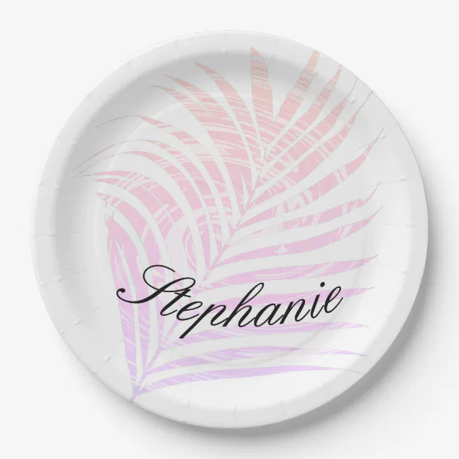 Palm Tree Tropical Pink Patterns Custom Name Paper Plates | Zazzle