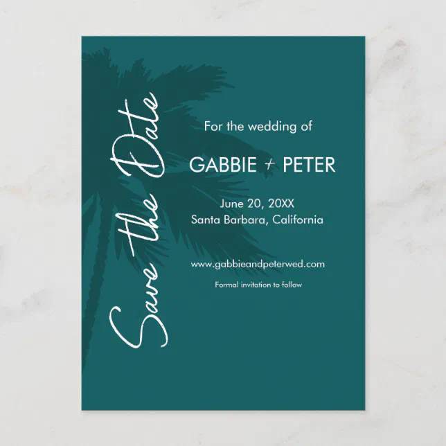 Palm Tree Typography Modern Teal Save the Date Postcard | Zazzle