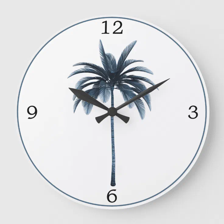 Palm Tree Vintage Tropical Elegant Blue Frame Large Clock | Zazzle