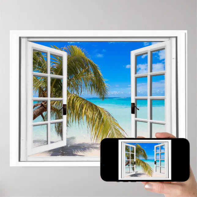 Palm Tree Window Beach View Poster | Zazzle