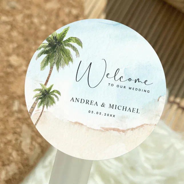 Palm Trees Beach Destination Wedding Welcome Classic Round Sticker | Zazzle