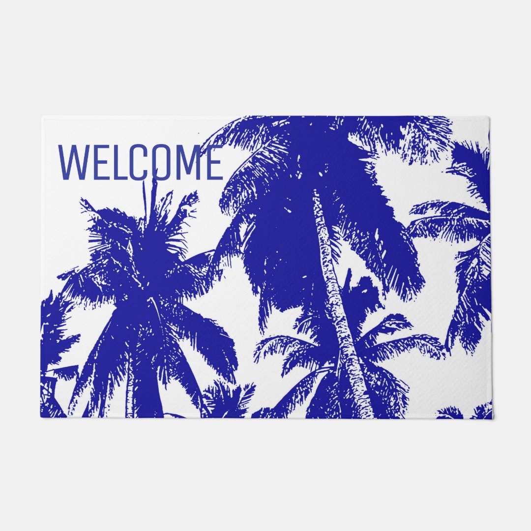 Palm Trees Design in Blue Doormat | Zazzle