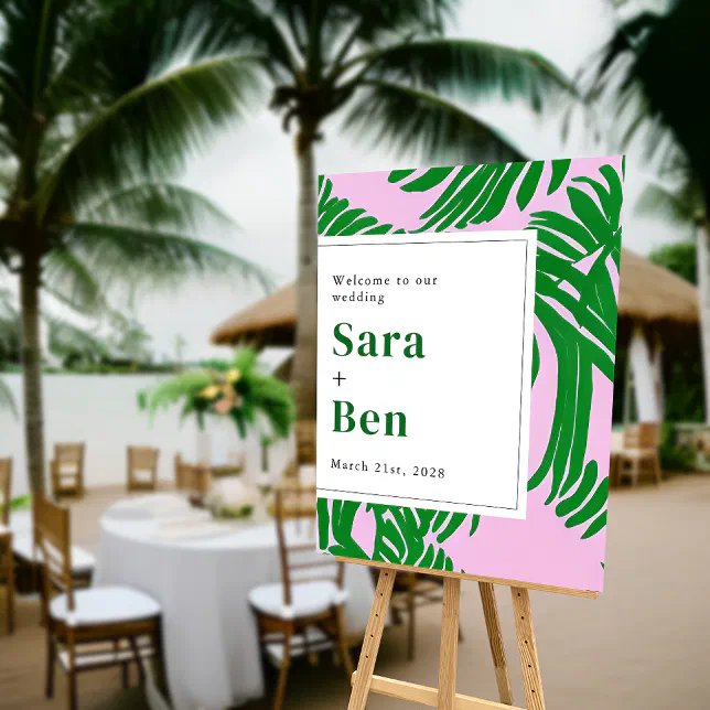 Palm Trees Pink + Green Beach Wedding Welcome Foam Board | Zazzle