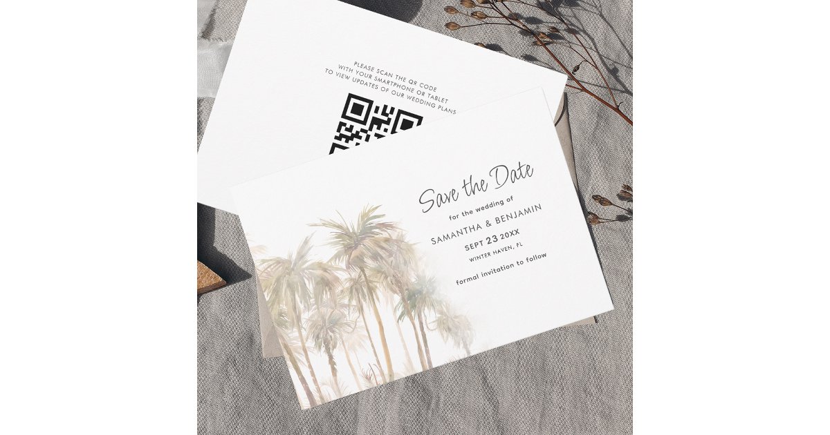 Palm Trees Typography QR Code Save The Date | Zazzle