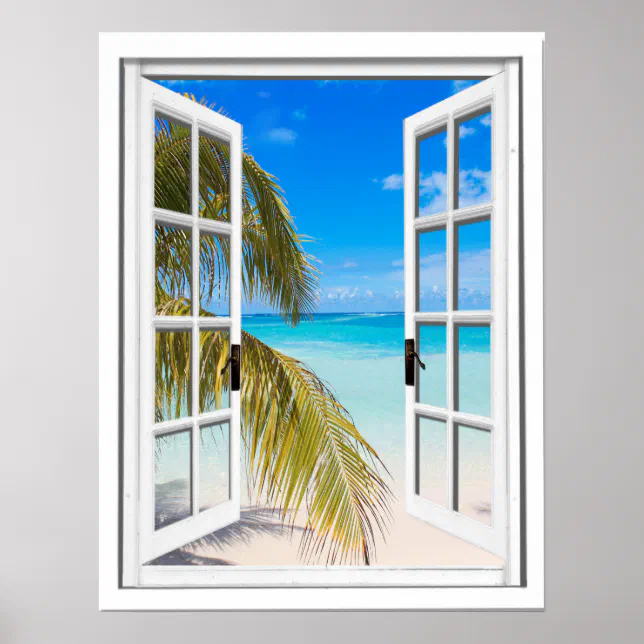 Palms and Beach Artificial Window View Poster | Zazzle