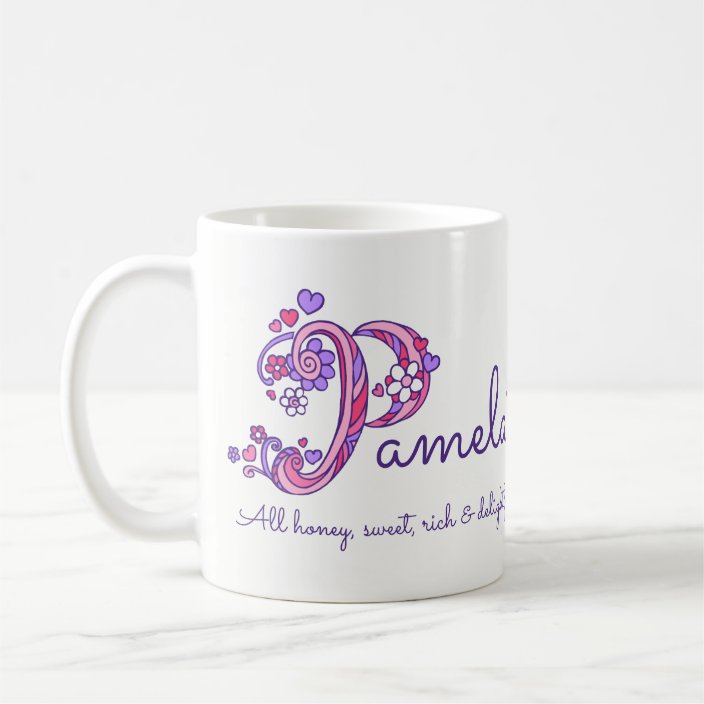 Pamela name meaning heart flower P monogram mug | Zazzle.com