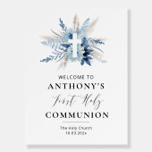 pampas blue floral first communion welcome sign | Zazzle