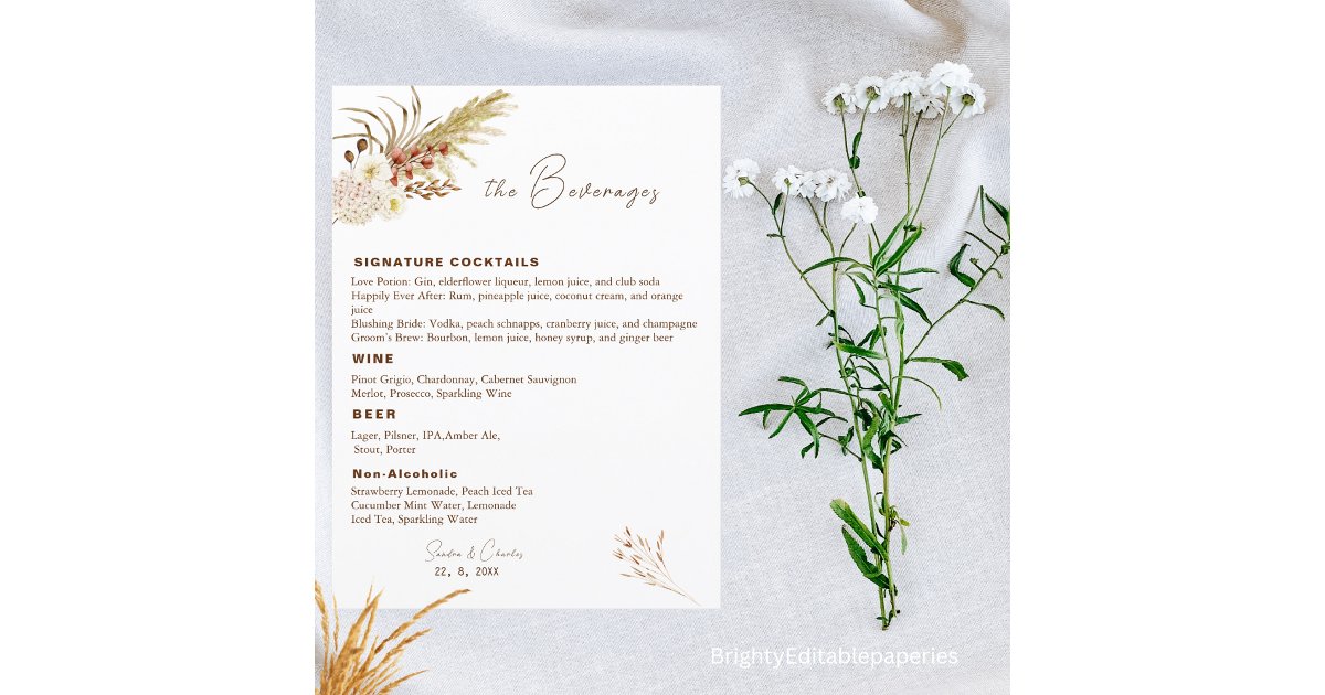 Pampas Drink Menu Template | Zazzle