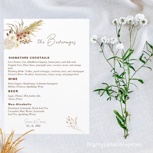 Pampas Drink Menu Template | Zazzle
