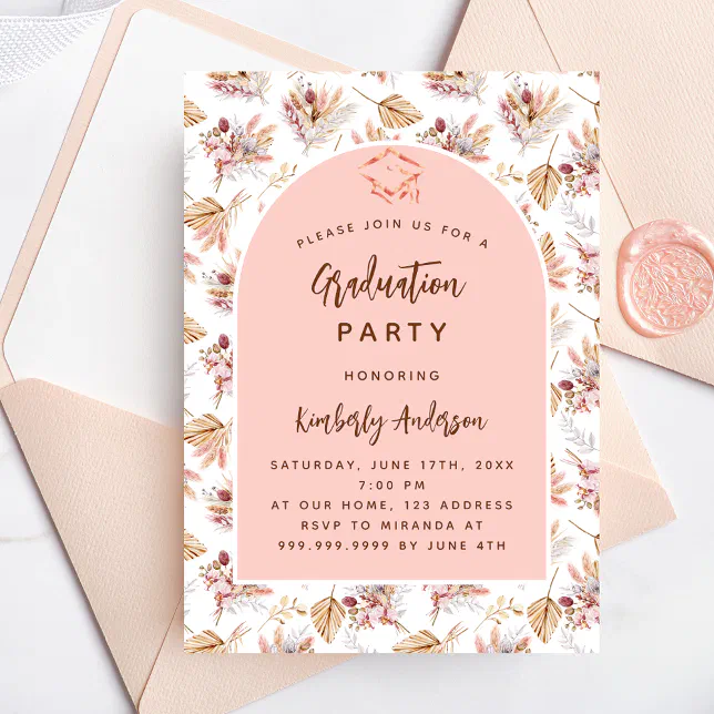 Pampas flowers rose gold luxury graduation party invitation | Zazzle