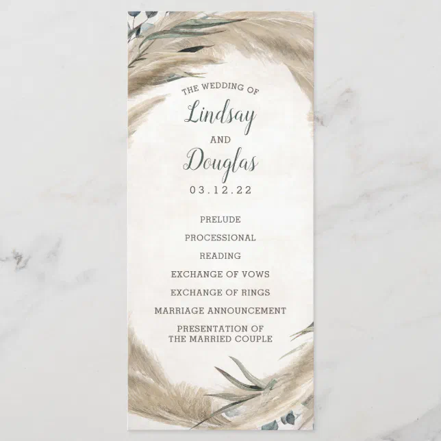 Pampas Grass and Greenery Boho Wedding Programs | Zazzle