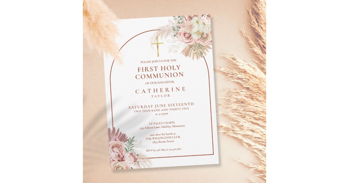 Pampas Grass Arch First Holy Communion Invitation | Zazzle