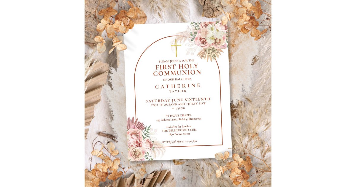 Pampas Grass Arch First Holy Communion Invitation Postcard | Zazzle