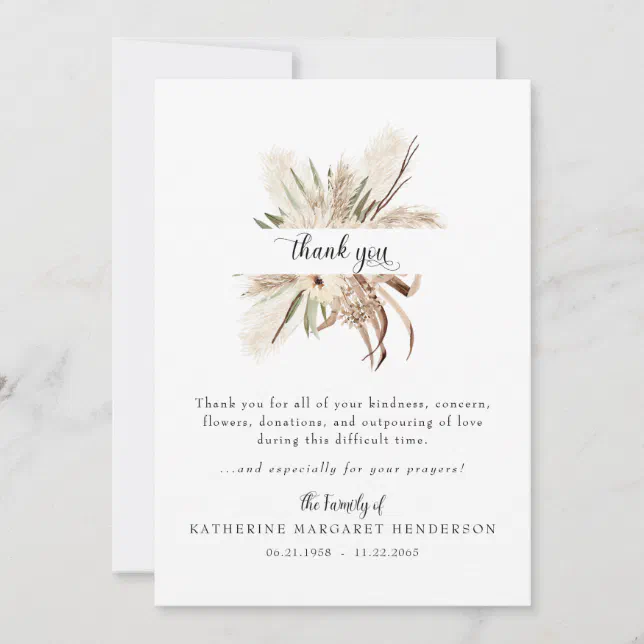 Pampas Grass Bereavement Funeral Thank You | Zazzle