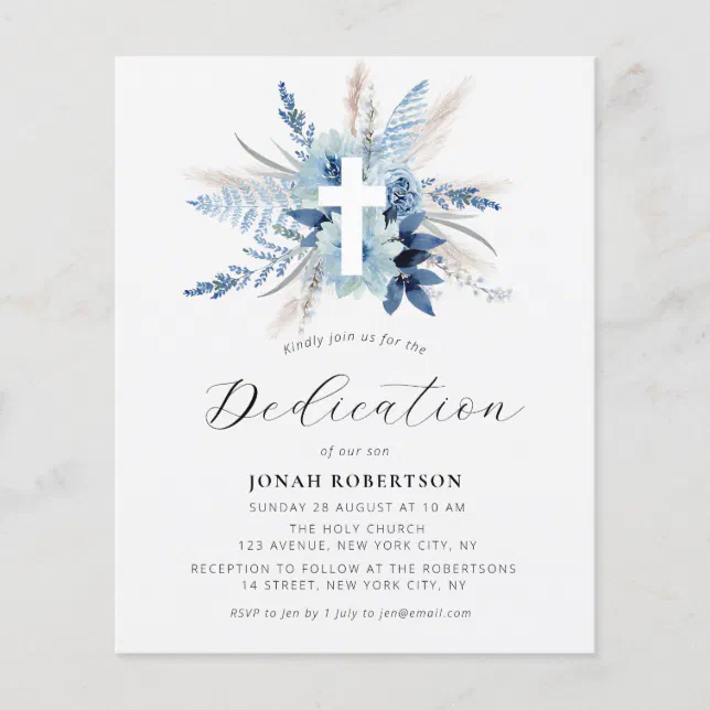 pampas grass blue floral cross dedication | Zazzle