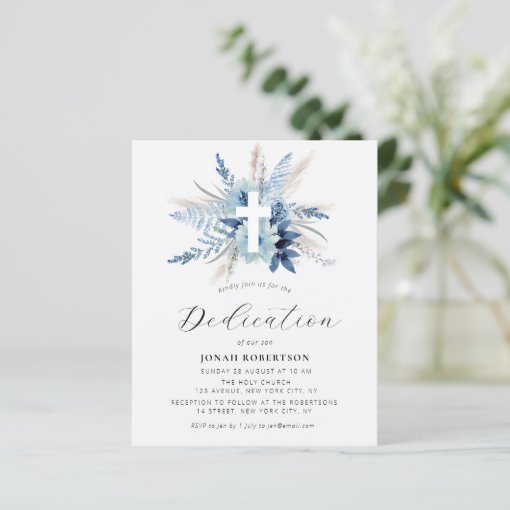 pampas grass blue floral cross dedication | Zazzle