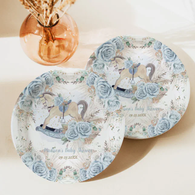 Pampas Grass Blue Floral Rocking Horse Baby Shower Paper Plates | Zazzle