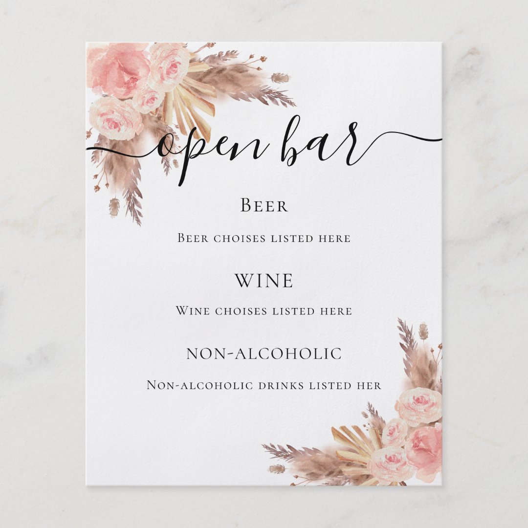 Pampas grass blush rose floral bar menu flyer | Zazzle