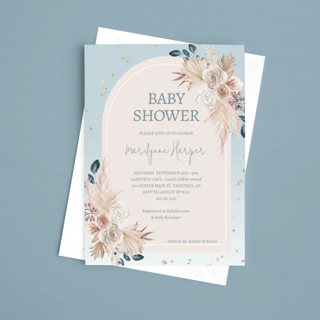 Pampas Grass Boho Blue Baby Shower Invitation | Zazzle