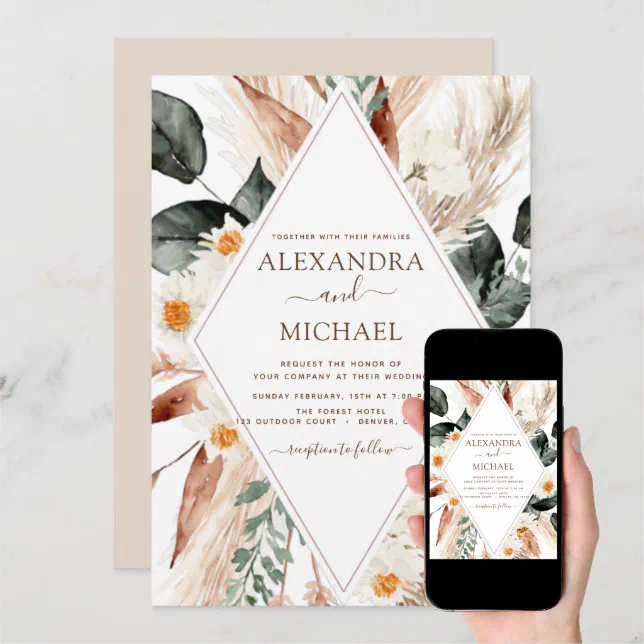 Pampas Grass Boho Bohemian Eucalyptus Wedding Invi Invitation | Zazzle