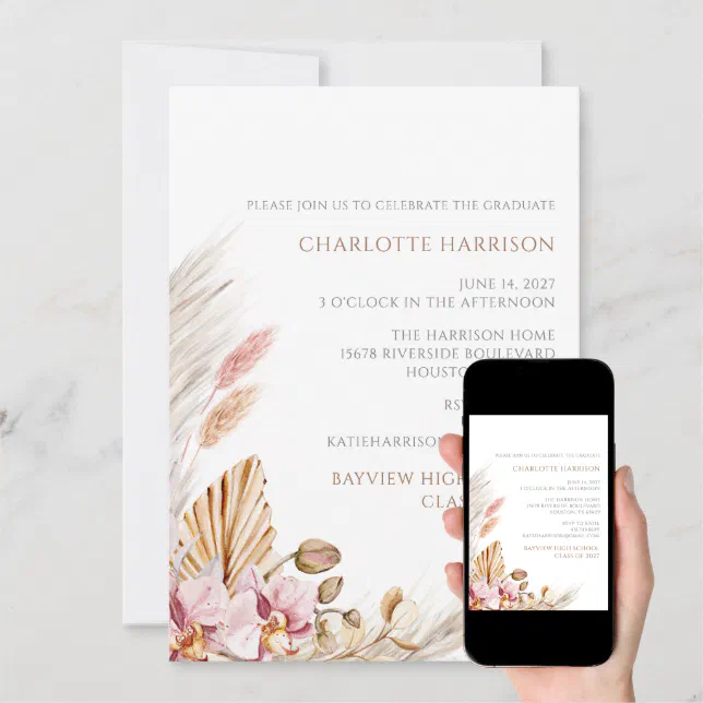 Pampas Grass Boho Chic Floral Graduation Invitation | Zazzle