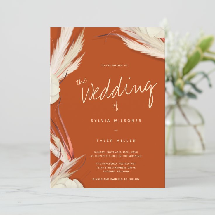 Pampas Grass Botanical Burnt Orange Wedding Invitation | Zazzle