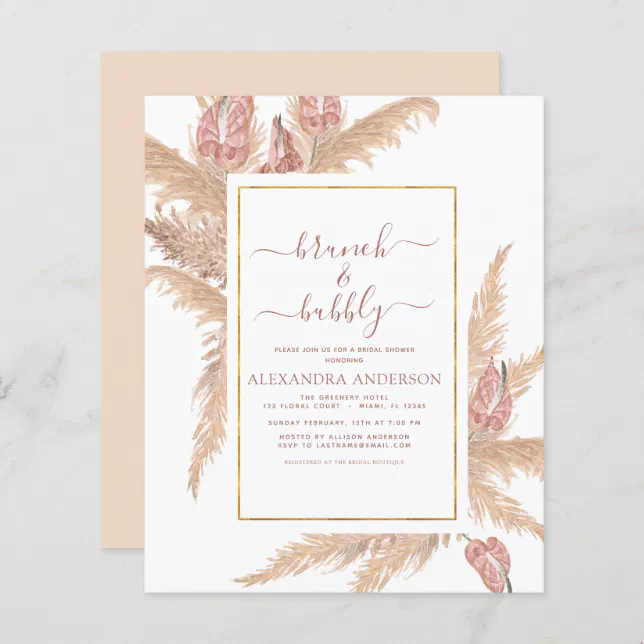 Pampas Grass Brunch Bubbly Boho Bridal Shower Invi | Zazzle