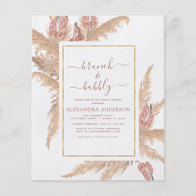 Pampas Grass Brunch Bubbly Boho Bridal Shower Invi Flyer | Zazzle