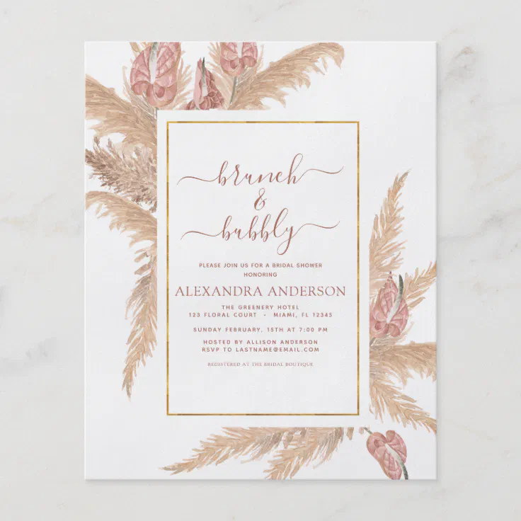 Pampas Grass Brunch Bubbly Boho Bridal Shower Invi Flyer | Zazzle