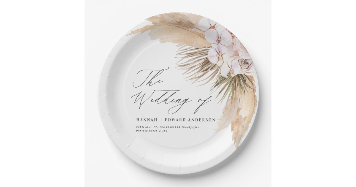 Pampas grass dried botanical script boho wedding paper plates | Zazzle