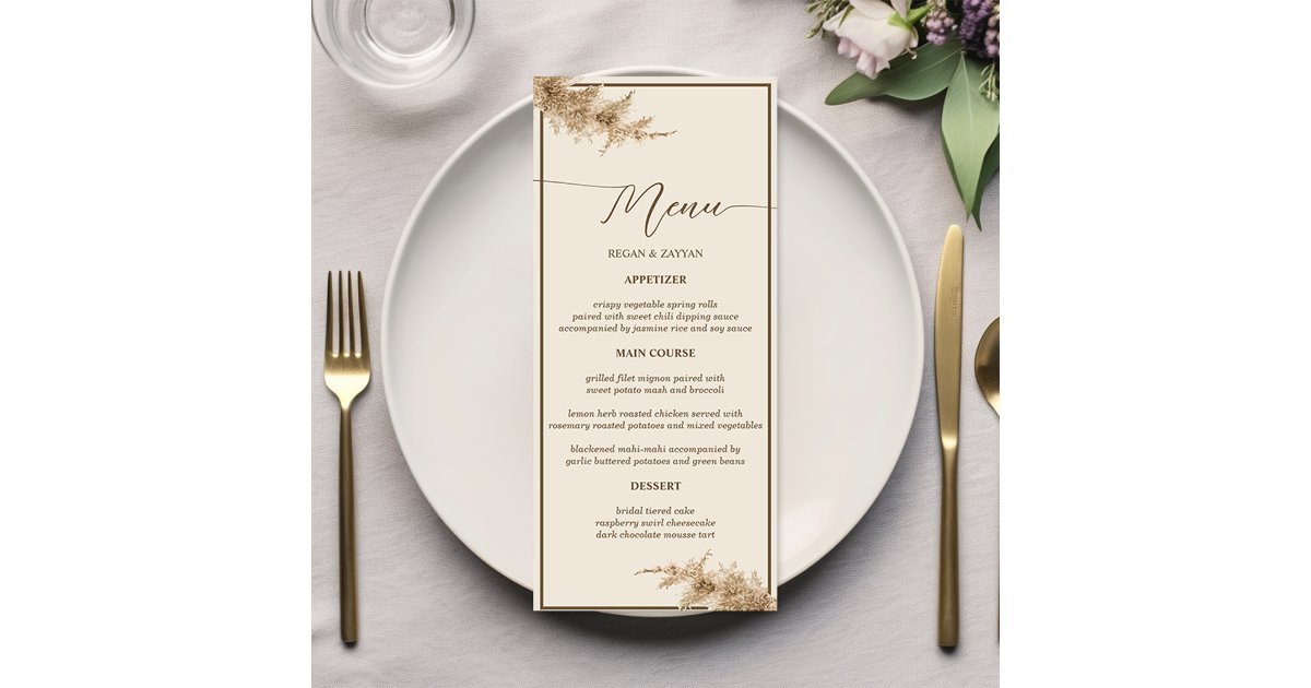 Pampas Grass Earthy Bohemian Exotic Wedding Menu | Zazzle