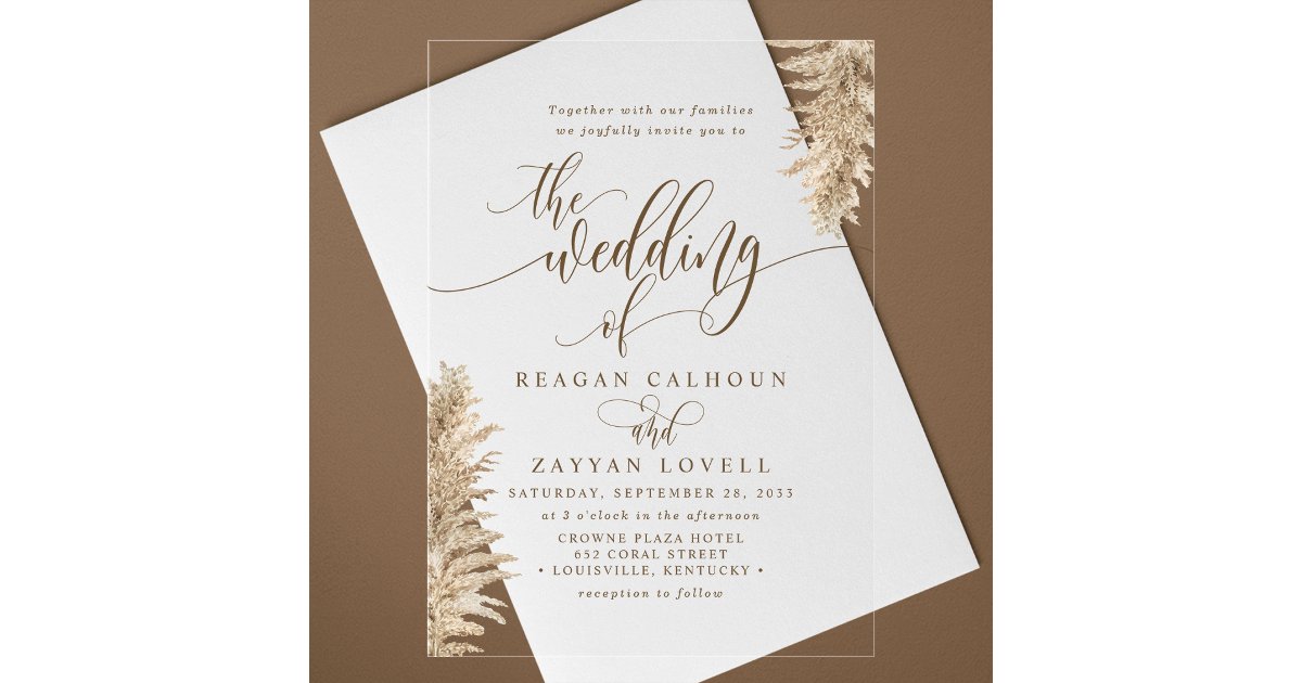 Pampas Grass Earthy Exotic Calligraphy Wedding Acrylic Invitations | Zazzle