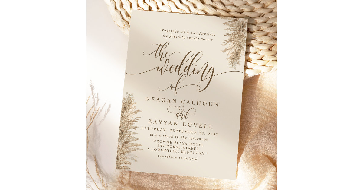 Pampas Grass Earthy Exotic Calligraphy Wedding Invitation | Zazzle