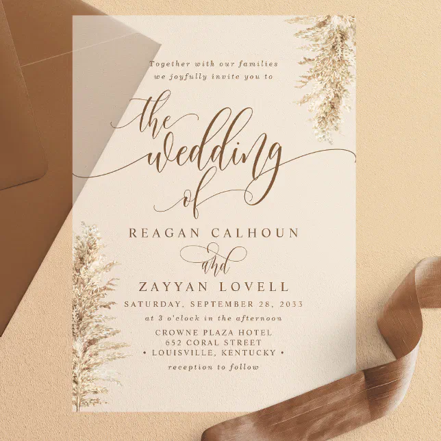 Pampas Grass Earthy Exotic Calligraphy Wedding Vellum Invitations | Zazzle