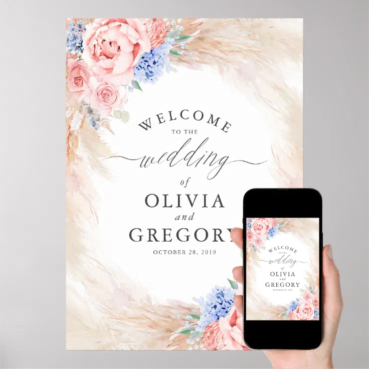 Pampas Grass Floral Dusty Blue Wedding Welcome Poster | Zazzle