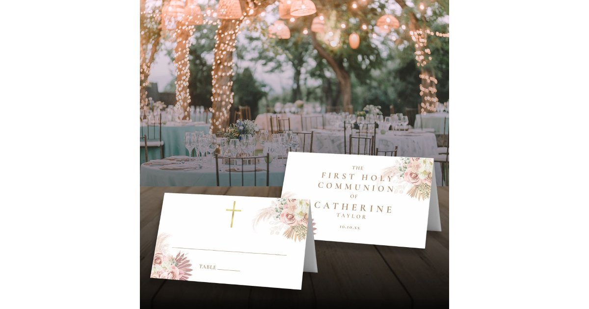 Pampas Grass Floral First Holy Communion Place Card | Zazzle
