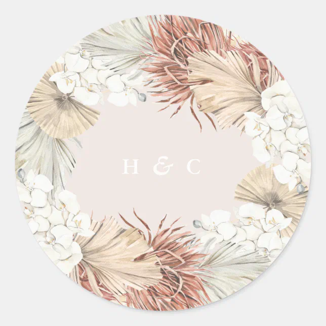 Pampas Grass Floral Jungle Soft Blush Wedding Classic Round Sticker ...