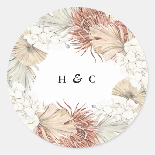 Pampas Grass Floral Jungle Tropical Wedding Classic Round Sticker | Zazzle
