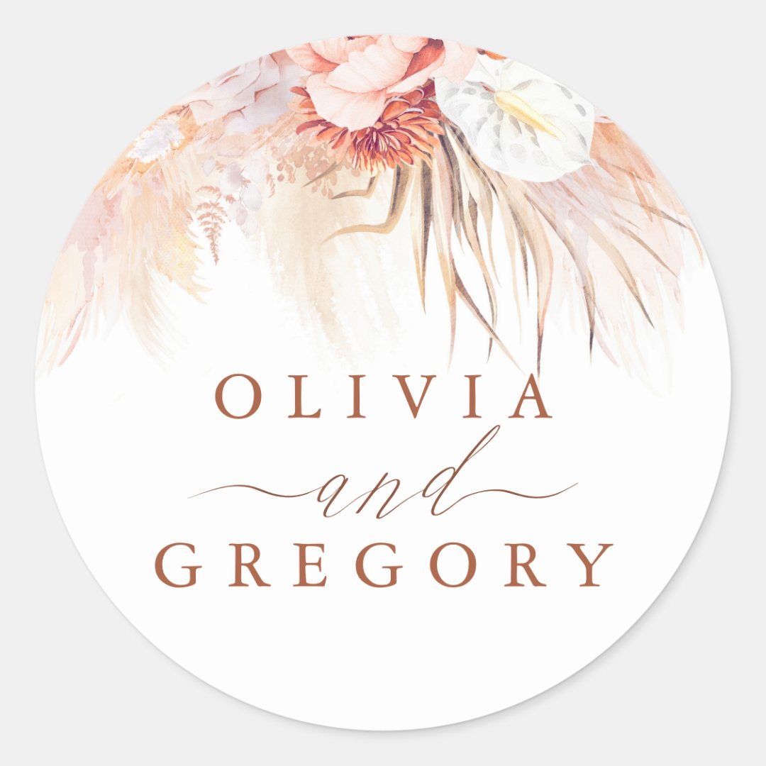Pampas Grass Floral Terracotta Wedding Classic Round Sticker | Zazzle